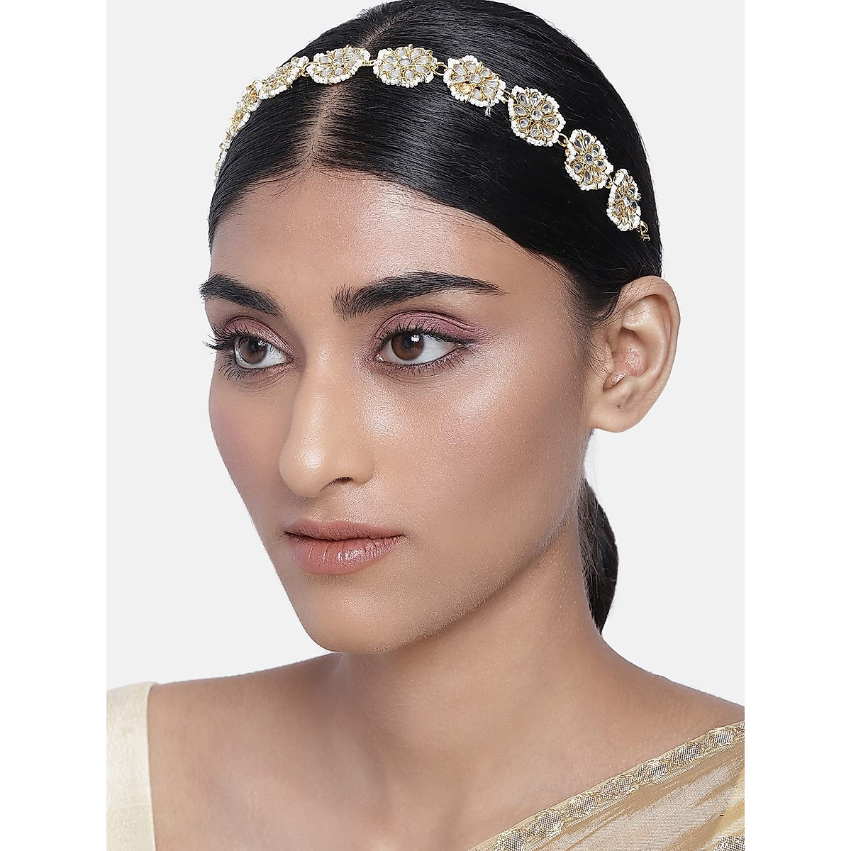 I Jewels Gold Plated Indian Wedding Bollywood Floral Kundan Pearl Studded Rajasthani Sheeshphool/Mathapatti for Women (T2064W)