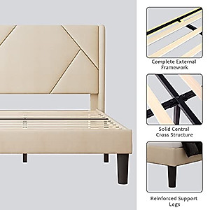 iPormis Queen Size Platform Bed Frame with Wingback, Geometric Upholstered Bed Frame with Headboard, Wood Slats Support, No Box Spring Required, Beige
