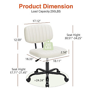 NEWBULIG Small Office Chair Armless with Wheels, Swivel Desk Seat with Back Lumbar Support Height Adjustable for Home Study Vanity, Pu leather, White