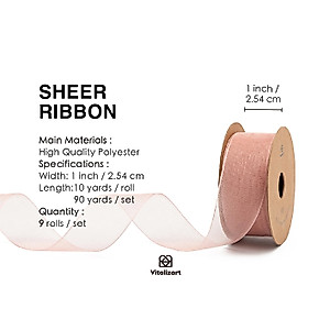 Vitalizart 1" x 90Yd Organza Ribbon Mixed Color Sheer Ribbons Set 10 Yd x 9 Rolls Handmade for Gift Wrapping Christmas Tree Crafts Bows Wedding Invitations Wreaths Wrap