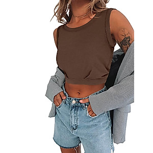 Crop Tops for Teen Girls Athletic Shirts for Women Cute Sleeveless Yoga Tops Running Gym Workout Shirts Brown Tank Tops for Women Cropped Cotton Tops for Teens Brown L