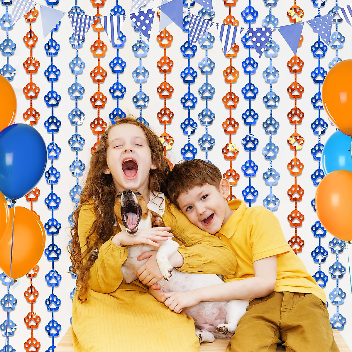 LOLStar Blue Dog Birthday Party Supplies, 2 Packs of 3.3X6.6 ft Orange Blue and Light Blue Dog Paw Foil Fringe Curtains,Blue and Orange Backdrop,Photo Booth Prop for Blue Dog Themed Party Decorations
