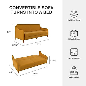 DHP Jasper 77 Inch Futon Sofa Bed, Modern Upholstered Couch Sleeper with Sloped Arms, Mustard