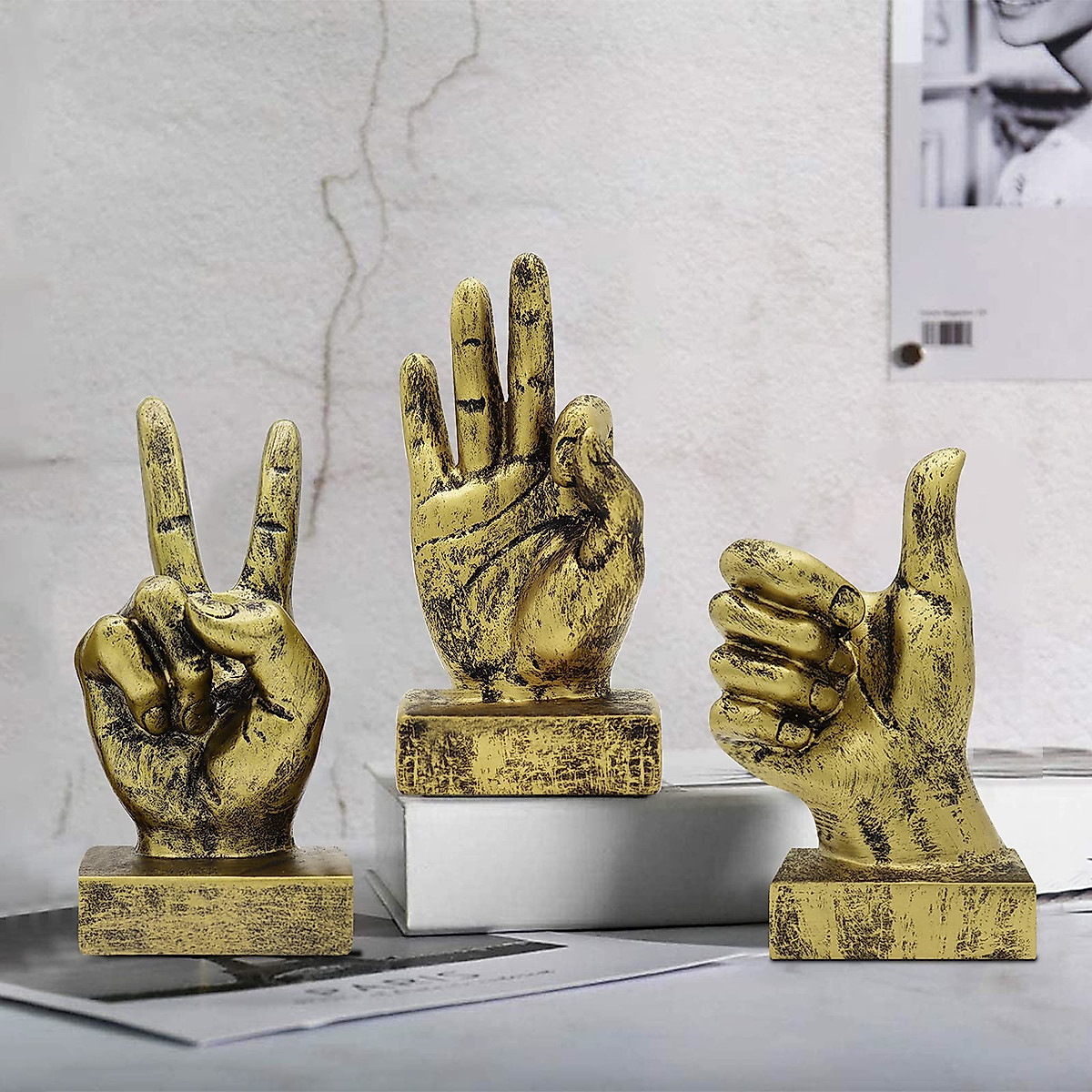 aboxoo Hand Finger Gesture Desk Statues Fingers Sculpture Creative Home Living Room Cabinet Shelf Decoration (OK Gesture in Bronze)