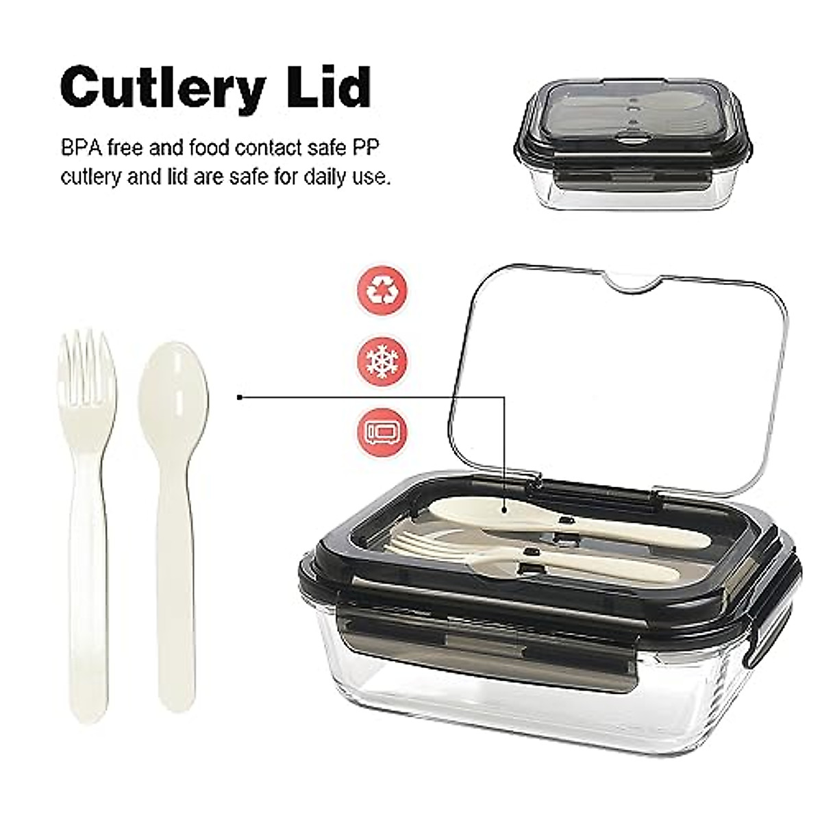 Delight King Lunch-to-Go Glass Baking and Storage Container with Fork and Spoon Compartment Lid, Black