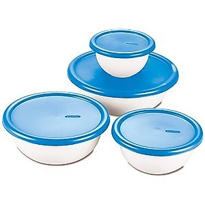 Sterilite 8 Piece Covered Set Bowl, Multisize, White & Blue