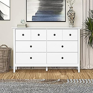 LYNSOM Dresser for Bedroom, Modern White Dresser with Deep Drawers, 6 Drawer Double Dresser with Black Knobs and Solid Wood Legs