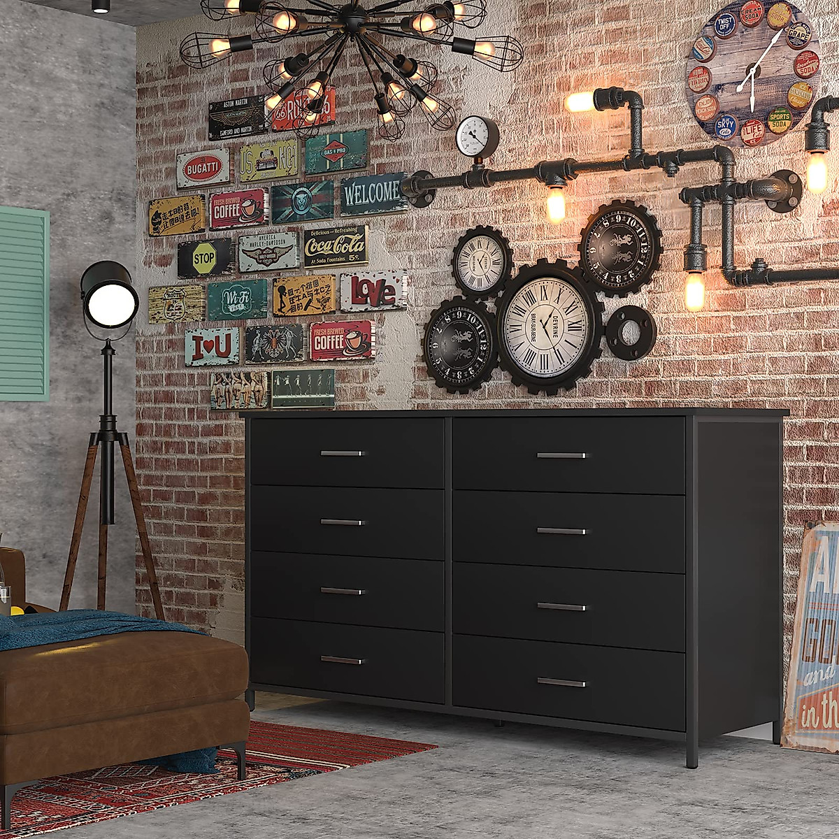 IKENO 8 Drawer Dresser for Bedroom, Industrial Wood Dresser Wide 8 Chest of Drawers, Wooden Storage Organizer Dresser with Sturdy Steel Frame (Black)