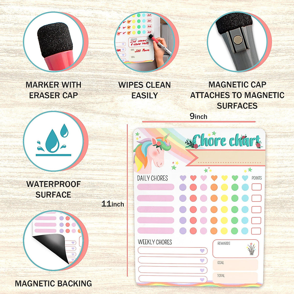 Magnetic Dry Erase Chore Chart for Kids - Perfect to Motivate Your Kids - Simplified 9” x 11” Reward and Behavior Chart for Your Fridge - Teach Responsibility at Home in a Motivating and Simple Way