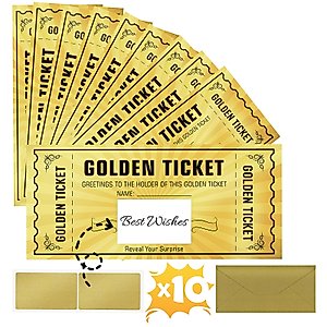 WenmthG 10 Sets Golden Ticket with Envelope, Scratch Card Surprise Gift Reveal, Card as Birthday Card Wedding Card Concert Ticket Cinema Voucher Raffle Gift