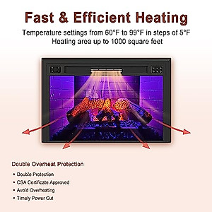 35 Inch Electric Fireplace Inserts Recessed Electric Fireplace Heater with Log Designed for Stud, Cabinet & Mantel Low Noise 1500W,6 Flame Colors,8h Timer,Control by Touch Screen & Remote,Black