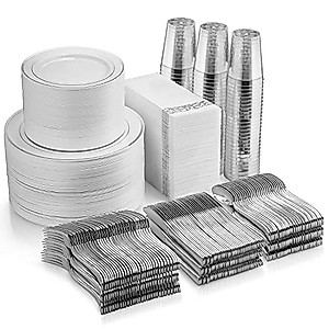 700 Piece Silver Dinnerware Set - 200 Silver Rim Plastic Plates - 300 Silver Plastic Silverware - 100 Silver Plastic Cups - 100 Linen Like Silver Napkins, 100 Guest Disposable Silver Dinnerware Set