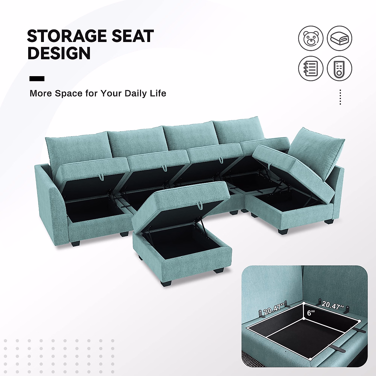 HONBAY Convertible Sectional Sofa with Ottman Set Modular Sectional Couch with Reversible Chaise L Shaped Modular Sofa with Storage Seats for Living Room, Aqua Blue