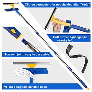 BITOPE 2 in 1 Squeegee for Window Cleaning, 60" Extension Pole Long Handle Window Cleaner Tool,12" Window Squeegee and 2pcs 11" Microfiber Pads for Shower Glass Door, High Window Cleaning Kit