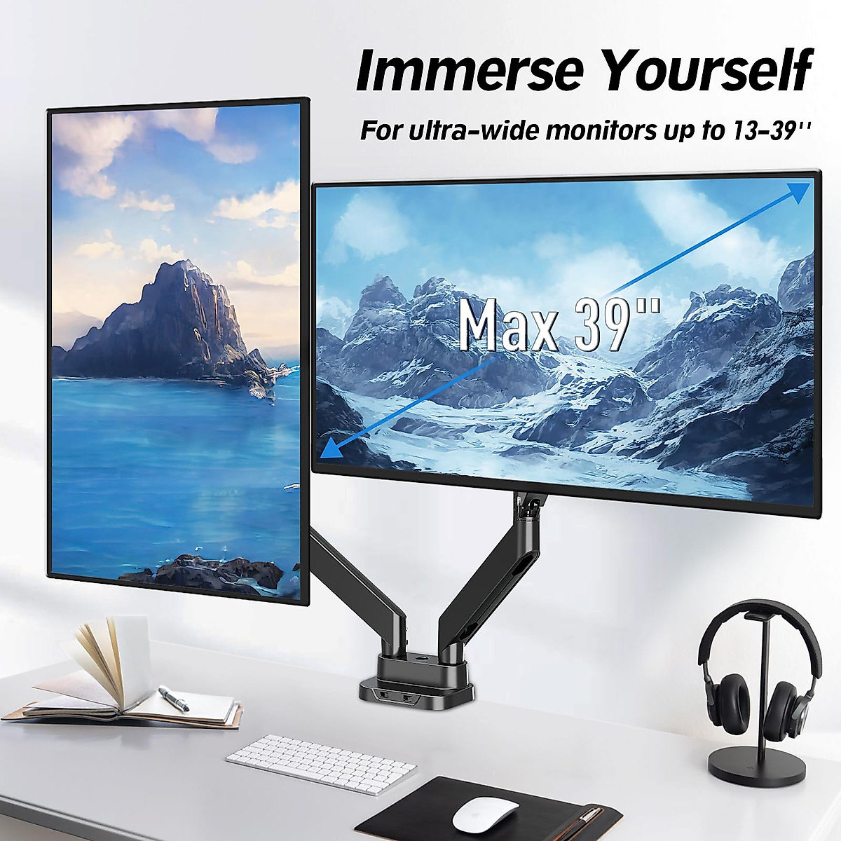 MOUNTUP Dual Monitor Mount Fits 13''-39'' Screen, Ultrawide Dual Monitor Desk Mount Hold 4.4-33 lbs, Adjustable Gas Spring Double Monitor Arms, Computer Monitor Stand with USB, VESA Monitor Bracket