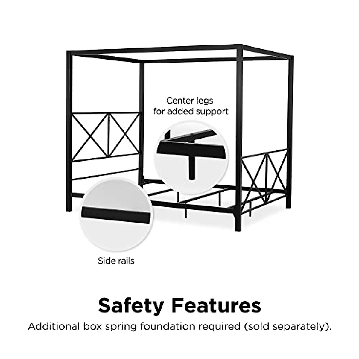DHP Rosedale Metal Canopy Bed Frame with Four Poster Design and Geometric Accented Headboard and Footboard, Underbed Storage Space, Queen, Black