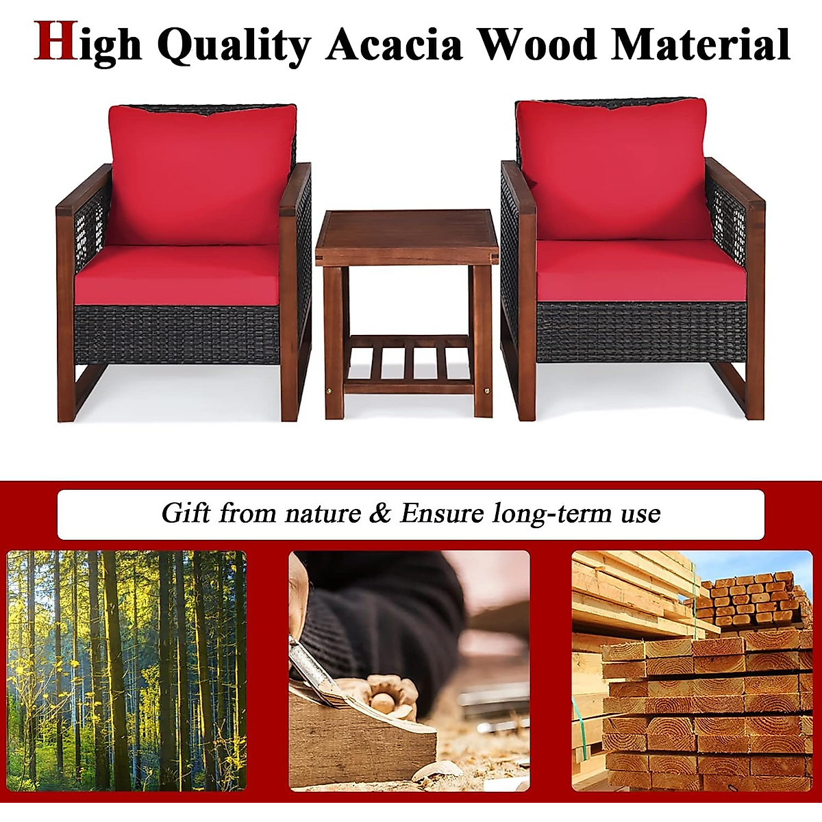 LDAILY 3 Pieces Patio Furniture Set, Rattan Outdoor Front Porch Chairs with Wood Coffee Table & Cushion, Comfy Wicker Conversation Patio Set for Movie Seating, Balcony, Garden, Poolside (Red)