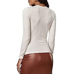 Verdusa Women's Basic Mock Neck Slim Fitted Pullovers Long Sleeve Tee Tops Cream White Textured S