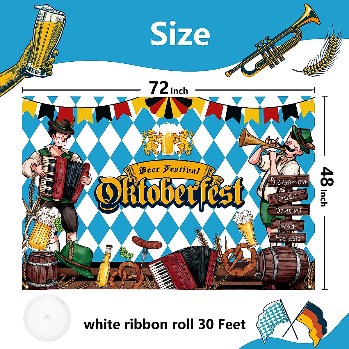 Arosche Extra Large Oktoberfest Banner 72" x 48" Beer Festival Decorations Bunting Bavarian Check Flag Party Supplies Photography Holiday Background for Indoor Outdoor Garden,Yard,Party Home Decor