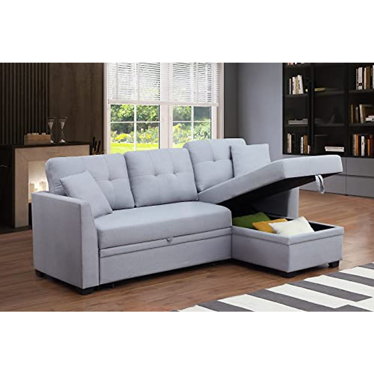 Apartment Sleeper Sofa with Chaise Storage Easy Pull Out Full Sized Bed with Removable Cushions Perfect for Bedroom Livingroom and Office Spaces