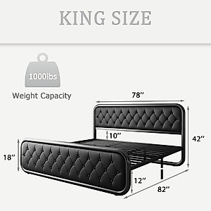 iPormis King Size Metal Bed Frame with Leather Headboard, Heavy-Duty Platform Bed Frame, Thicker Metal Steel Slats Support, 12'' Under-Bed Space, Noise-Free, Easy Assembly, Black