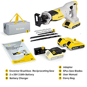 ENVENTOR 20V Cordless Reciprocating Saw with 2 Packs 2.0Ah Batteries, Brushless Motor, 0-3000 SPM Variable Speed, Fast Charger, Tool-Free Blade Change, 5 Saw Blades for Wood, Metal, Plastic Cutting