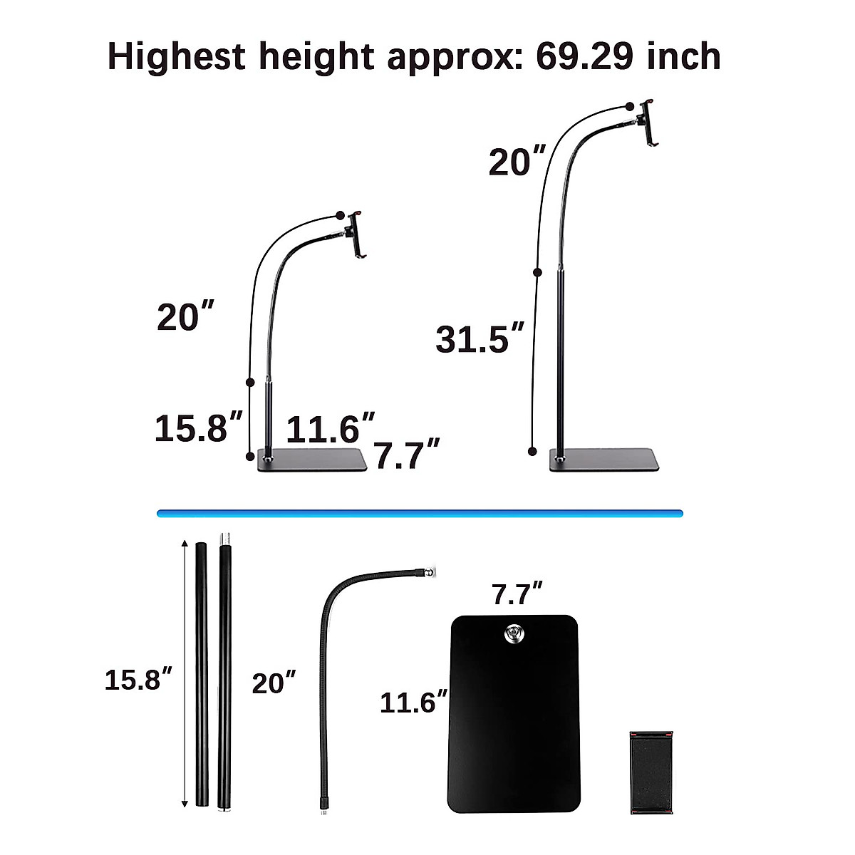 Floor Stand Holder, Tablet Floor Stand, Cell Phone Floor Stand, 53" Tall Floor Phone Stand with 360°Rotating ipad Stand Holder Compatible with iPhone iPad Pro Air and All 4.6-11" Tablet