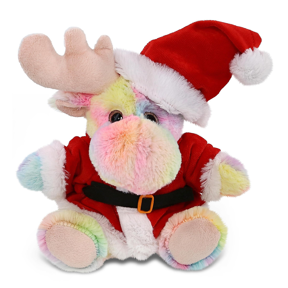 DolliBu Santa Rainbow Moose Stuffed Animal Plush Toy - Super Soft Dress Up with Red Santa Claus Outfit, Cute Moose Gift Perfect Holiday with Name Personalization - 9 Inches