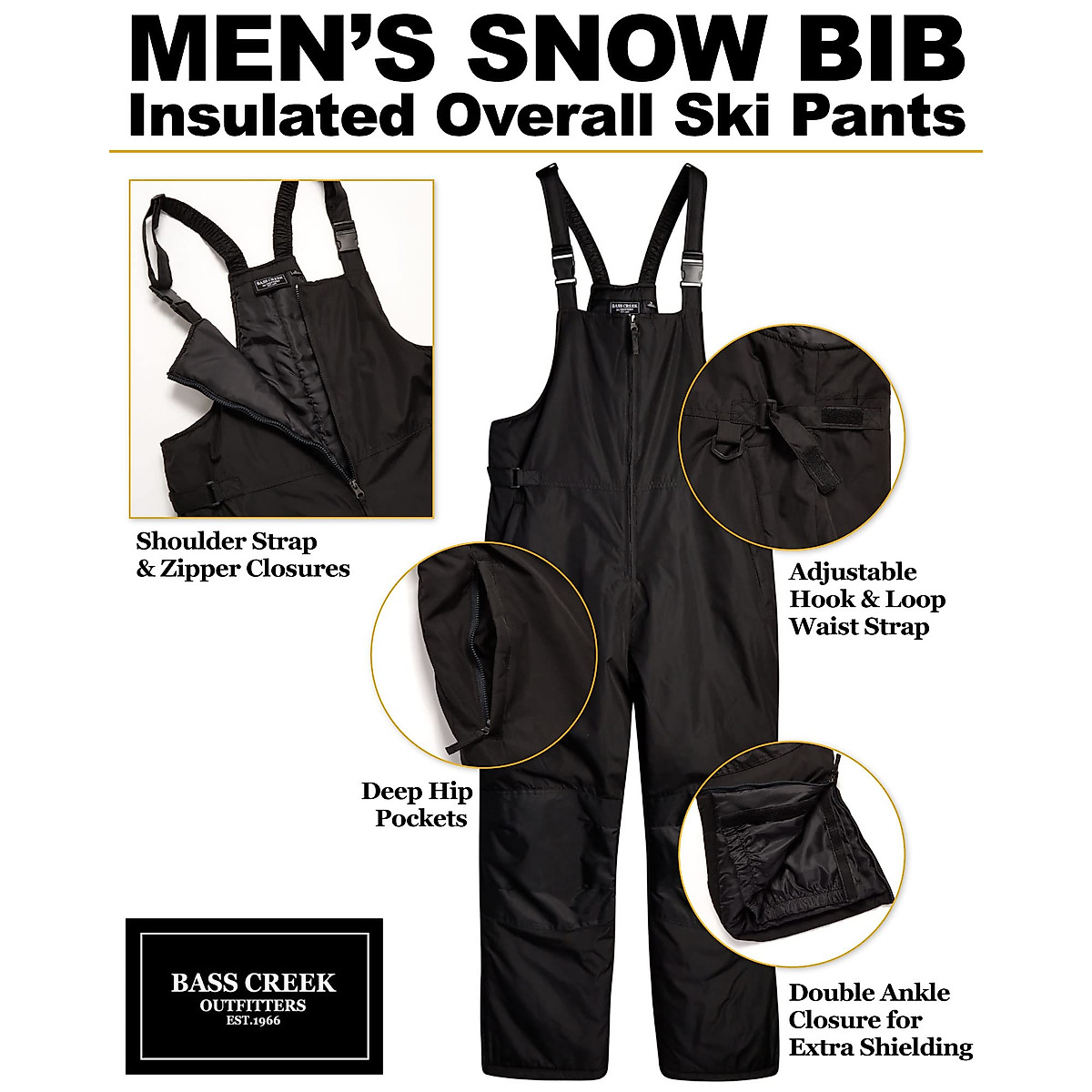 Bass Creek Outfitters Men's Snow Bib - Insulated Overall Ski Pants, Size X-Large, Black