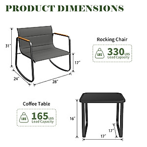 Amopatio Outdoor Table and Chair Set 3 Piece, Patio Rocking Chairs, Breathable Textilene Fabric Patio Furniture Set for Porch, Poolside, Deck, Outdoor Terrace, Balcony, Garden, Dark Grey