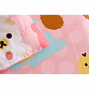 LELVA Rilakkuma Pattern Bedding Quilt/Comforter Cover Set Kids Bedding Duvet Cover Set for Girls Flat Sheet Pink Twin Size