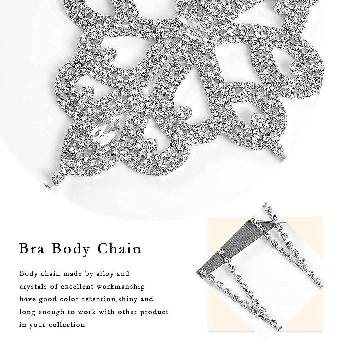 Graeen Crystal Bra Chains Rhinestone Bra Top Flower Chest Chain Silver Body Chain Nightclub Body Jewelry for Women (A)