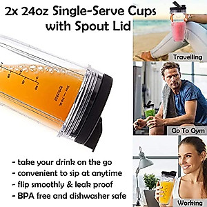 Revorit Blender Replacement Parts for Ninja, 2 24oz Cups with To-Go Lids, 7 Fins Extractor Blade, for Nutri Ninja Auto iQ BN801 BL480-30 BL640-30 BL642-30 NN100-30 BL2012 (2 Pack)