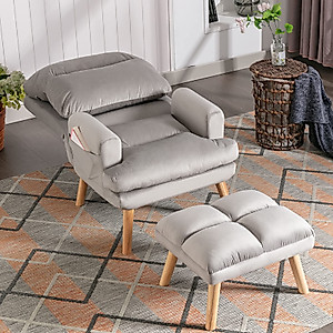 CANMOV Modern Accent Chair with Ottoman, Soft Fabric Armchair with Adjustable Backrest and Side Pockets, Comfy Lounge Chair for Living Room, Bedroom, Apartment, Office, Grey
