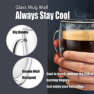 PunPun Large Glass Coffee Mug Set of 2, Clear Mugs Double Walled Coffee Mugs, Iced Coffee Cup, Glass Mugs for Hot Beverages,Premium Glasses Set, Each 500ml (17OZ./Set of 2)