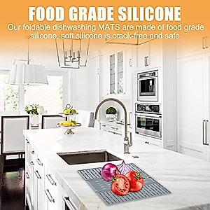 Collapsible Silicone Dish Drying Mat, 24” X 13” Trifold Drying Mat for Kitchen Counter, Non-slip, Heat Resistant, Foldable Kitchen Drying Mats, Counter Top Mat, Dish Drainer Mats, Sink Mat (Grey)