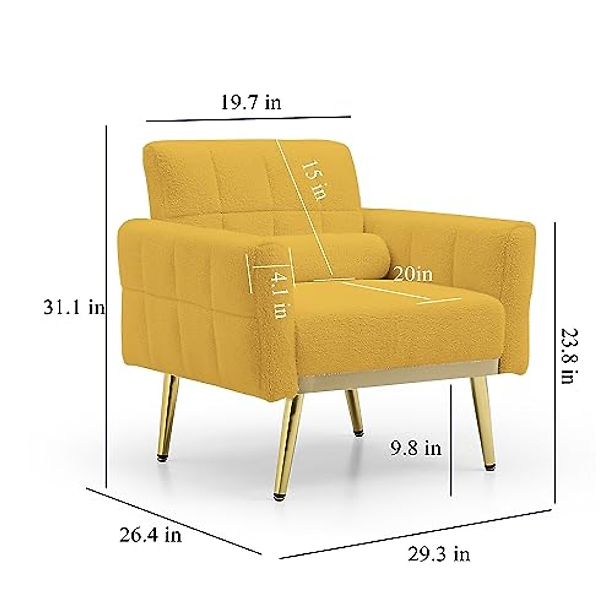 Penifun Teddy Accent Modern Side Gold Legs & Waist Pillow, Single Sofa Couch Armchair Reading Chairs for Living Waiting Room Bedroom Yellow