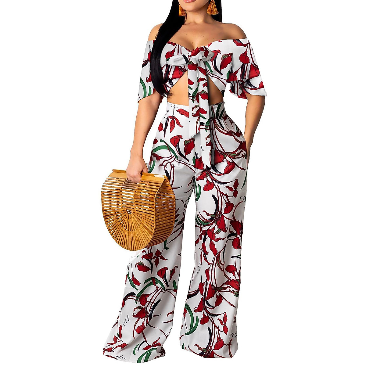 Casual Two Piece Beach Sets for Women Sexy Short Sleeve Off Shoulder Top Straight Long Pants White Floral Vacation Outfits(2X-Large)