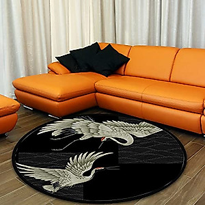 Kuizee Round Area Rug Mat Japanese Crane Black Living Room Bedroom Bathroom Kitchen Home Decor Coral Velvet Non-Slip Round Carpet 36 Inch