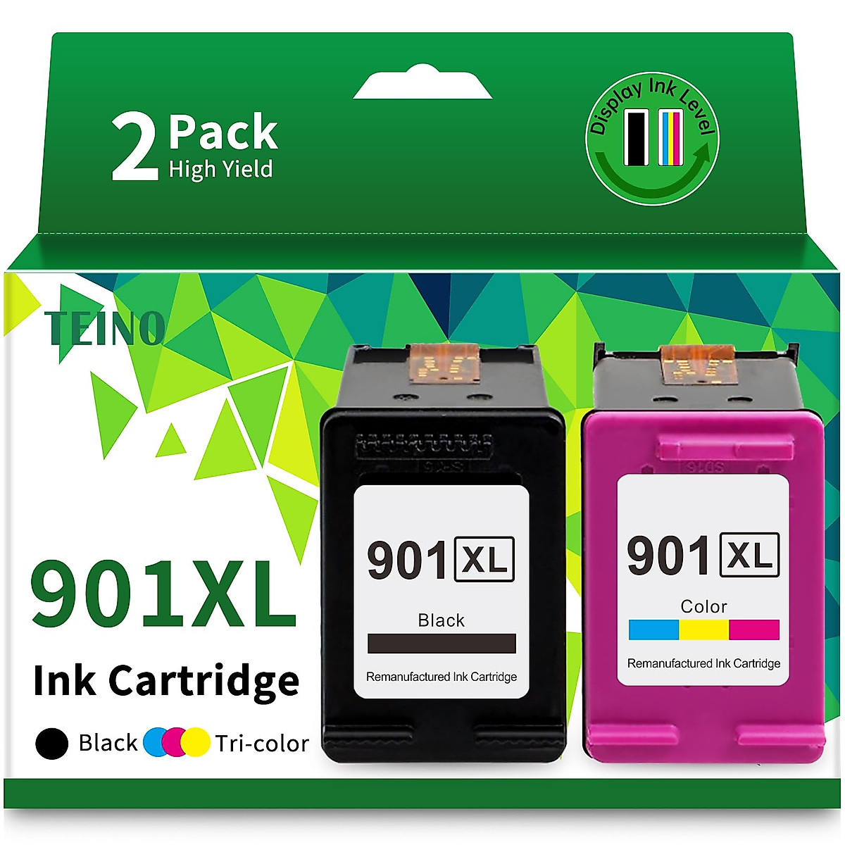 TEINO Remanufactured Ink Cartridges Replacement for HP 901 901XL 901 XL use with OfficeJet J4680 4500 J4580 J4550 J4680c J4500 J4540 J4624 J4660 J4640 J4524 (Black Tri-Color, 2-Pack)