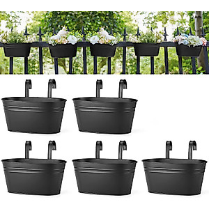 Dahey Metal Iron Hanging Flower Pots for Railing Fence Outdoor Planter Hanging Bucket Pots Countryside Style Window Flower Plant Holder with Detachable Hooks Home Decor,Black,5 Pcs