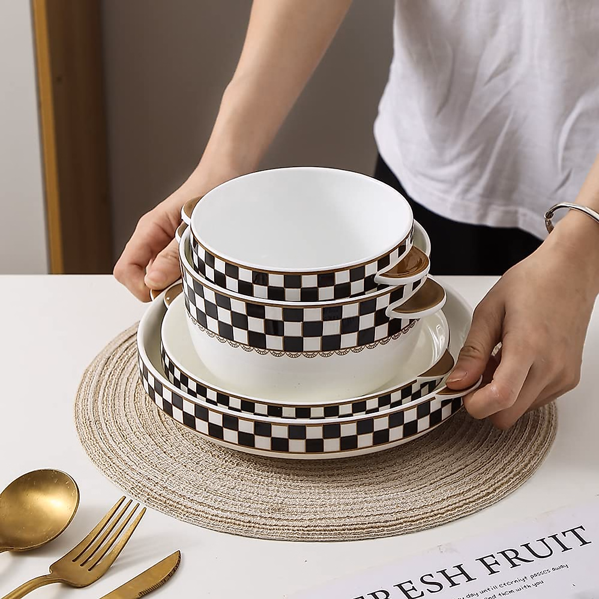 Porlien Checkered 8-Piece Plates and Bowls Set with Handles, Set of 2, Dessert/Cereal Bowls & Salad/Soup/Dessert Plates