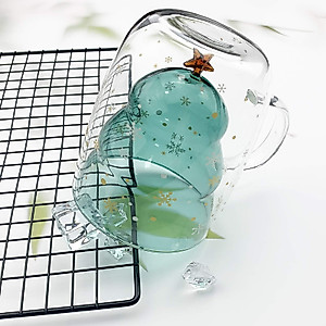 JASHII Glass Mugs Double Wall Glass Mug with Handle, Bear Cat Animal Double-layer Glass Mug Coffee Cup, Christmas Mug Gift,Cute Tea Milk Cup. - Christmas Tree