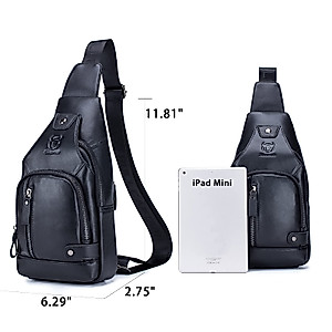 LUKZIJAES Genuine Leather Sling Bag for Men Crossbody Shoulder Chest Pack Hiking Casual Daypack Outdoor Travel Backpack (#1-Black)