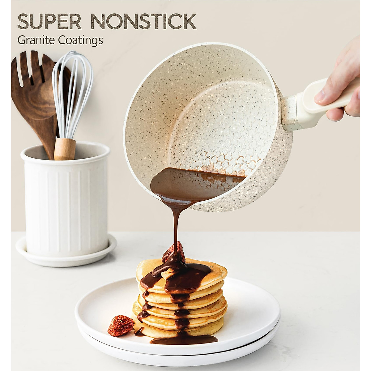 MICHELANGELO Sauce Pan, Nonstick Granite Sauce Pan Set with Lids 1.5 Quart & 2.5 Qaurt, Small Pot Set with Lids, Nonstick Saucepans with Lid, Stone Pot Set - White