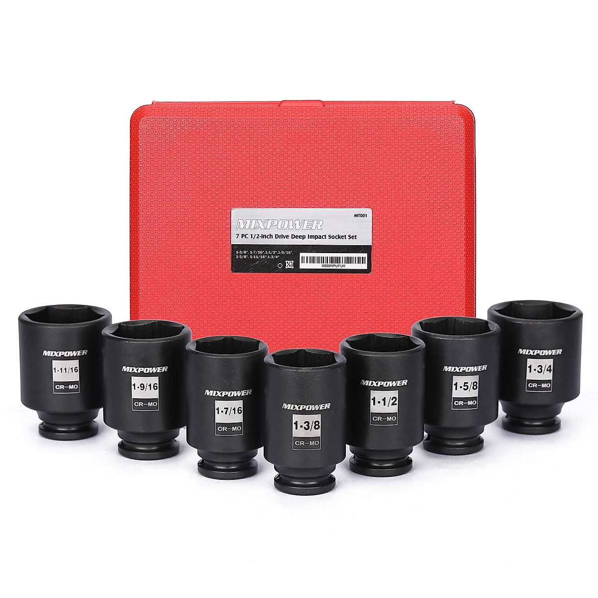 MIXPOWER 1/2-Inch Drive Deep Impact Socket Set, Inch, Cr-Mo, 6-Point, 1-3/8-Inch - 1-3/4-Inch, 7-Piece 1/2" Dr. Deep Spindle Axle Nut Impact Socket Set