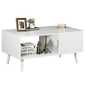 SUPER DEAL Wooden Coffee Table 2 Tier Mid Century Modern Center Table with Open Storage Shelf for Living Room, 40 Inch Accent Sofa Side Table for Indoor Bedroom Apartment Small Spaces, White