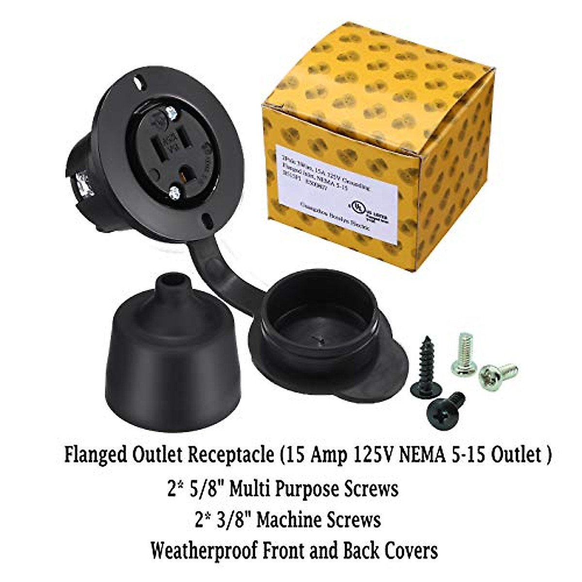 Miady 15 Amp Flanged outlet 125V, NEMA 5-15 Flanged Power outlet Receptacle with Waterproof Front & Back Covers, 2 Pole 3-Wire, for Marine Boat RV Electrical Connections, UL Listed