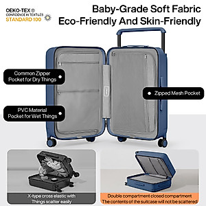 mixi Carry On Luggage Airline Approved 20'' Lightweight Luggage Wide Handle PC Hardshell Suitcases with Spinner Wheels & TSA Lock, Sapphire Blue