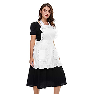 LilMents Women's Ruffles Outline Retro Pockets Apron Kitchen Cooking Cleaning Maid Costume (White)